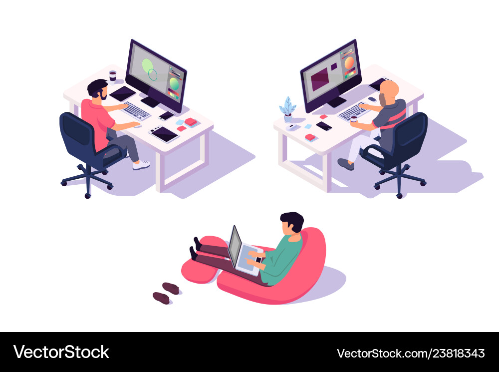 Isometric 3d office designers with businessman Vector Image
