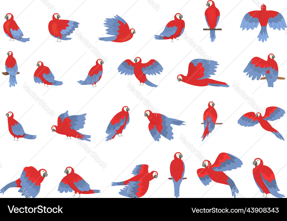 Macaw icons set cartoon fly parrot Royalty Free Vector Image