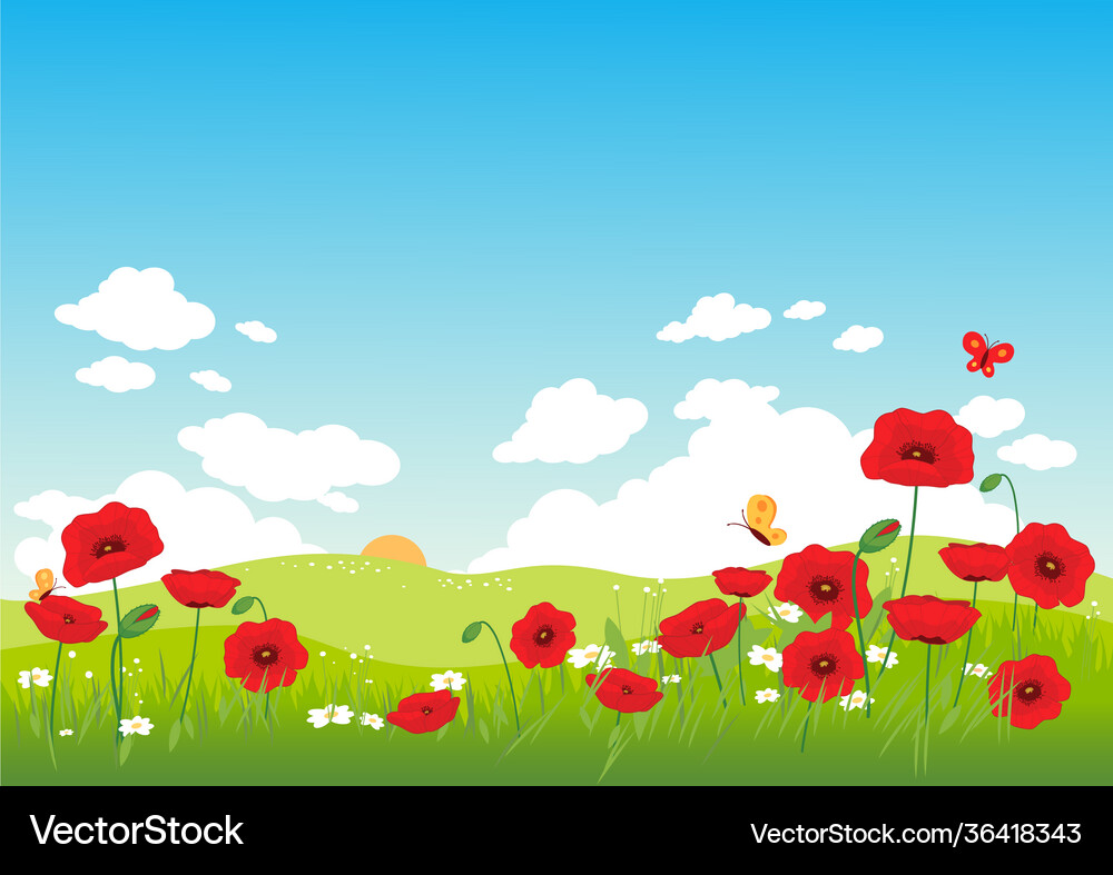 Spring landscape with poppy flowers Royalty Free Vector