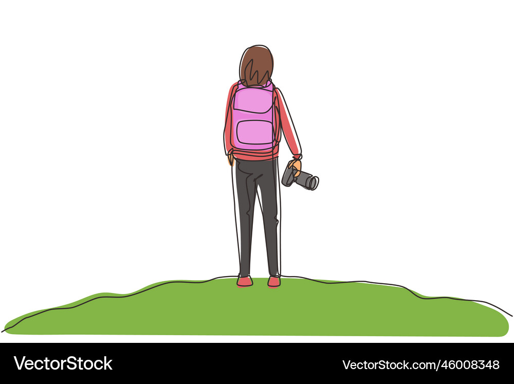 Single one line drawing back view woman holding Vector Image