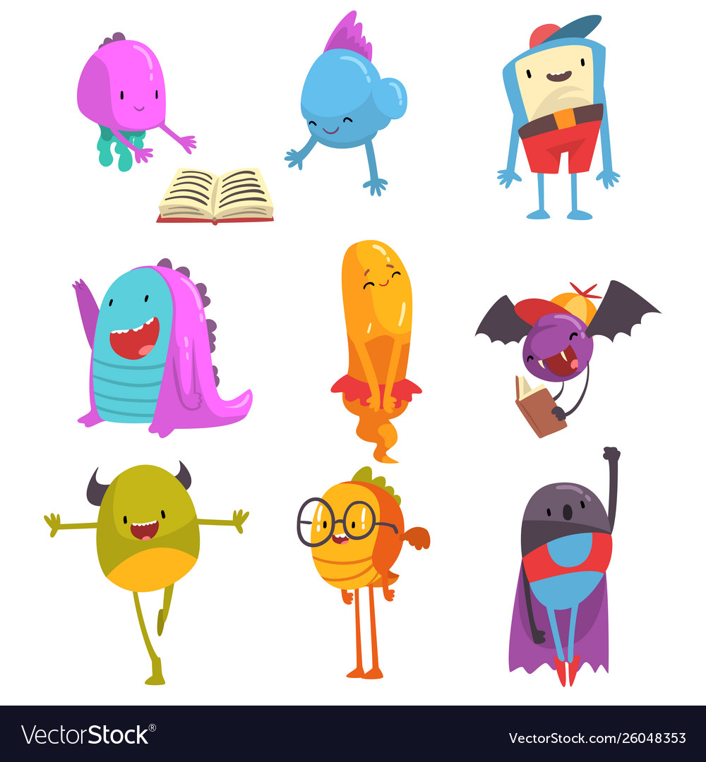 Cute friendly freaky monsters set funny colorful Vector Image