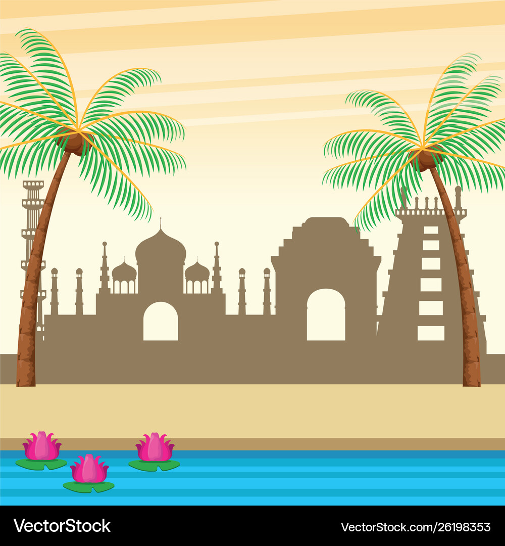 Indian buildings palms and river Royalty Free Vector Image