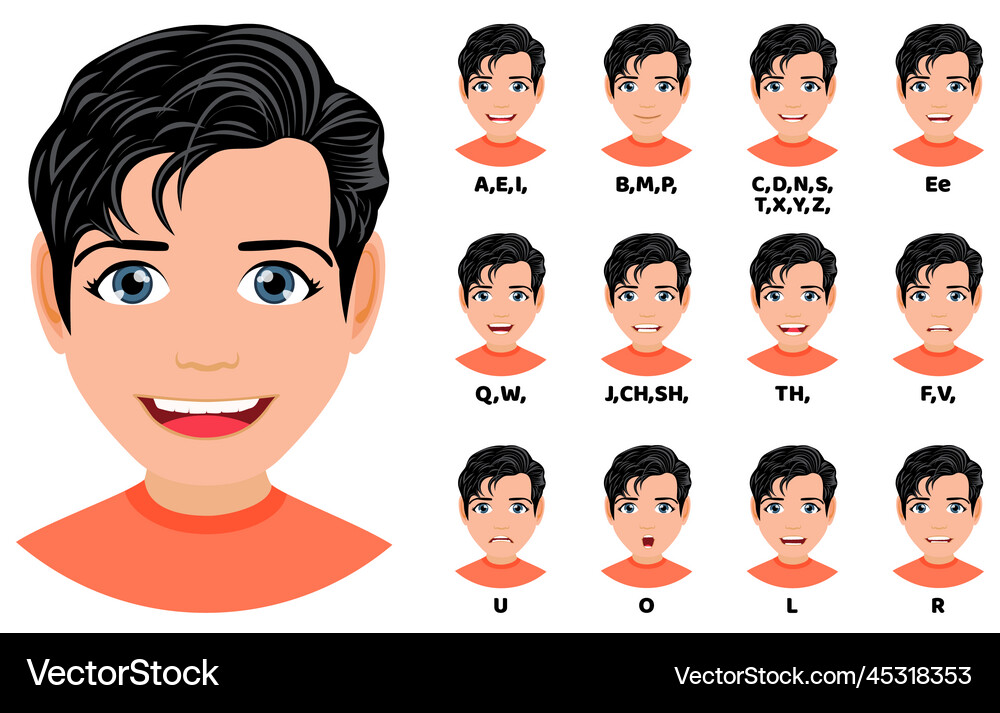 Smart boy character mouth animation lip sync Vector Image