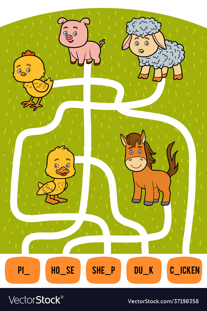 Maze game for children set farm animals Royalty Free Vector