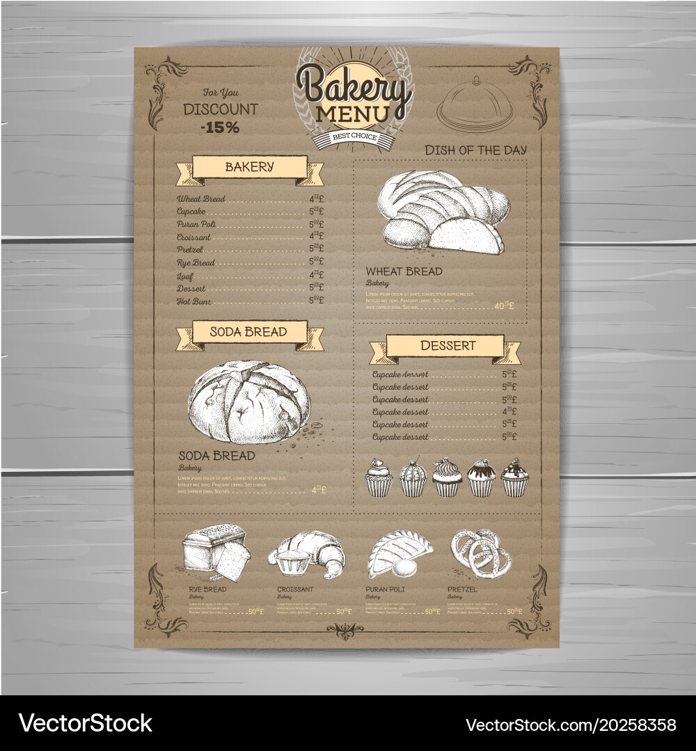Vintage bakery menu design on cardboard Royalty Free Vector
