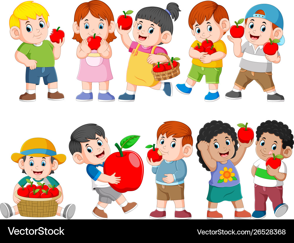 Collection happy kids with fresh apple Royalty Free Vector