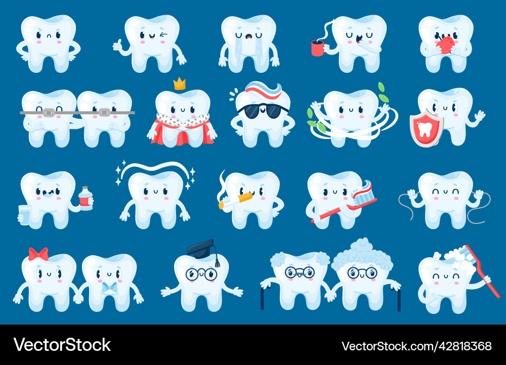 Tooth care character cute cartoon teeth Royalty Free Vector