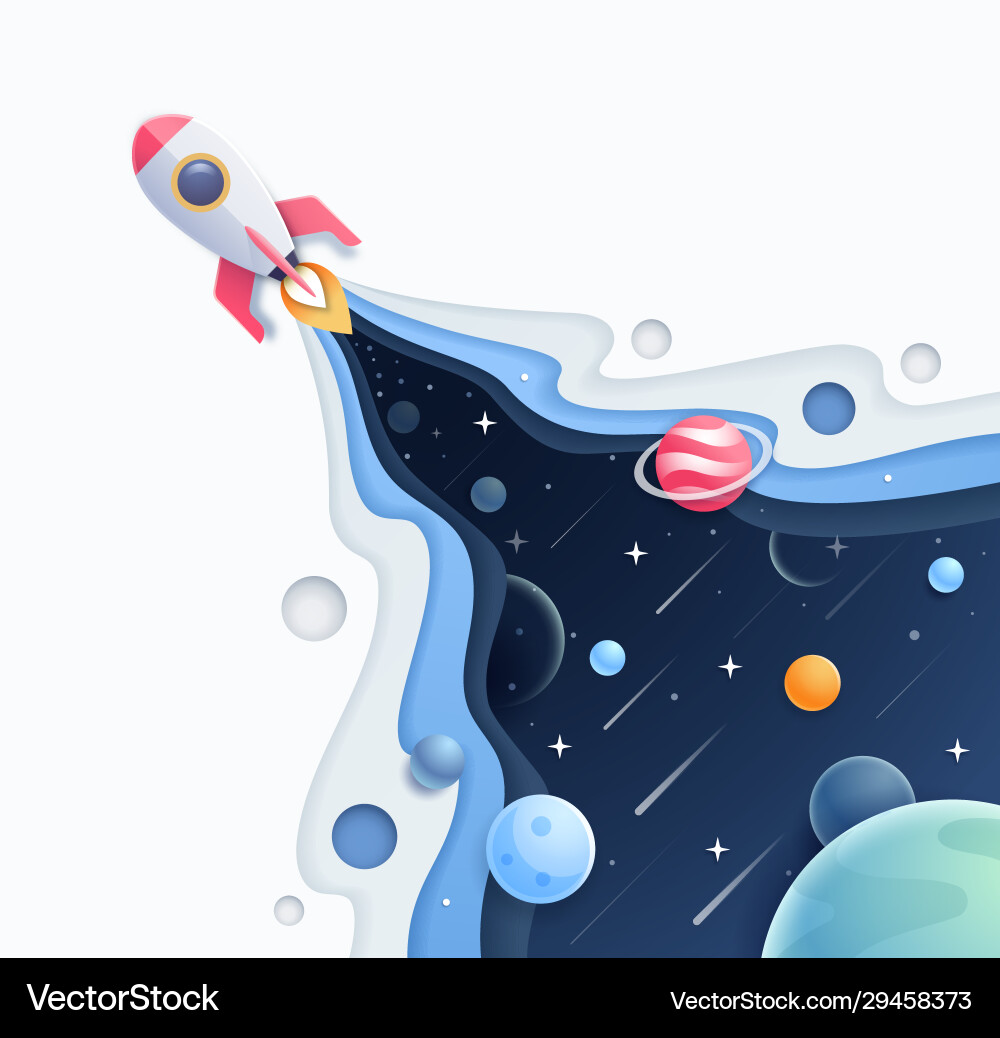 Blue space galaxy with cartoon rocket paper cut Vector Image
