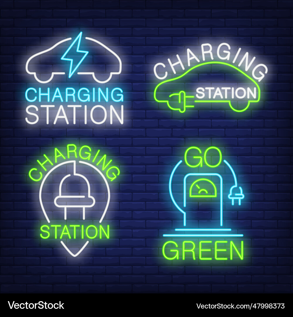 Car charging station neon sign set Royalty Free Vector Image