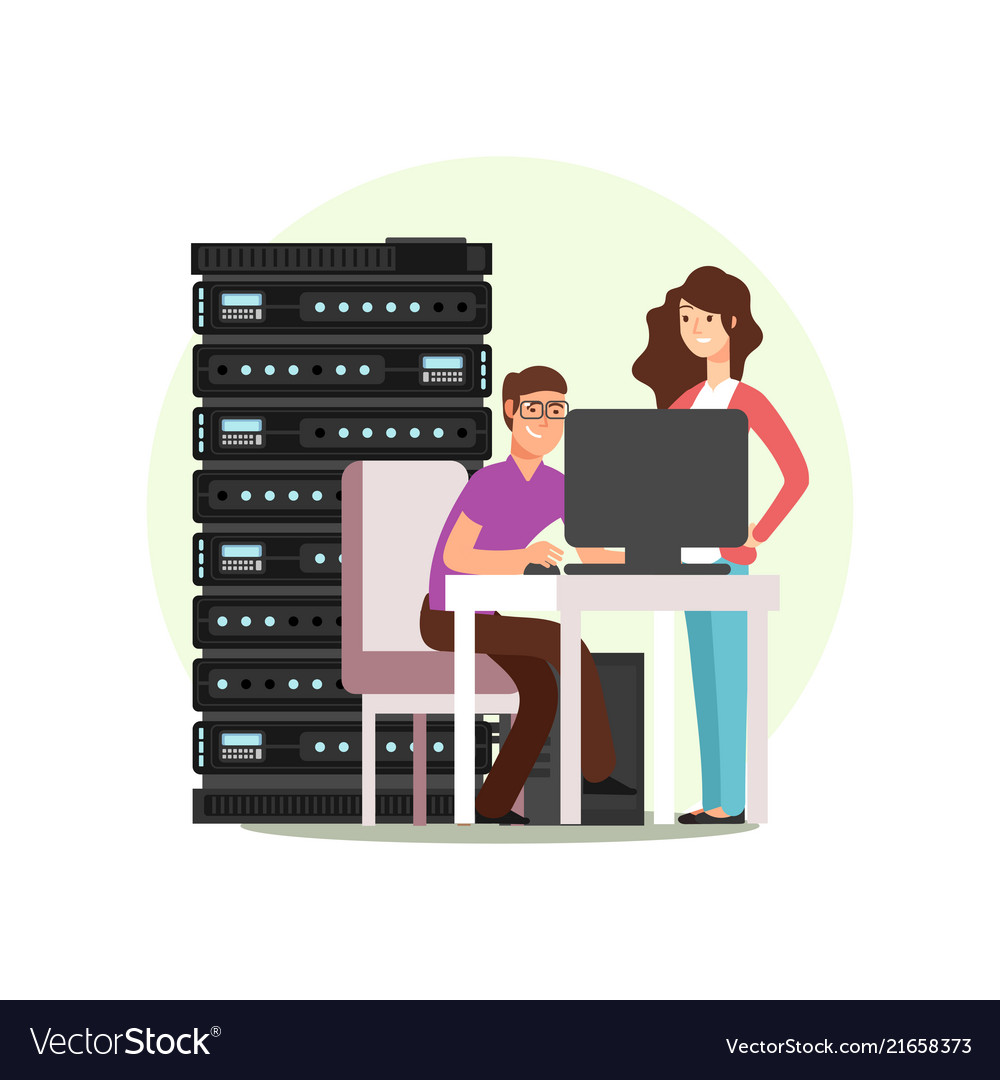 Character engineers working with server Royalty Free Vector