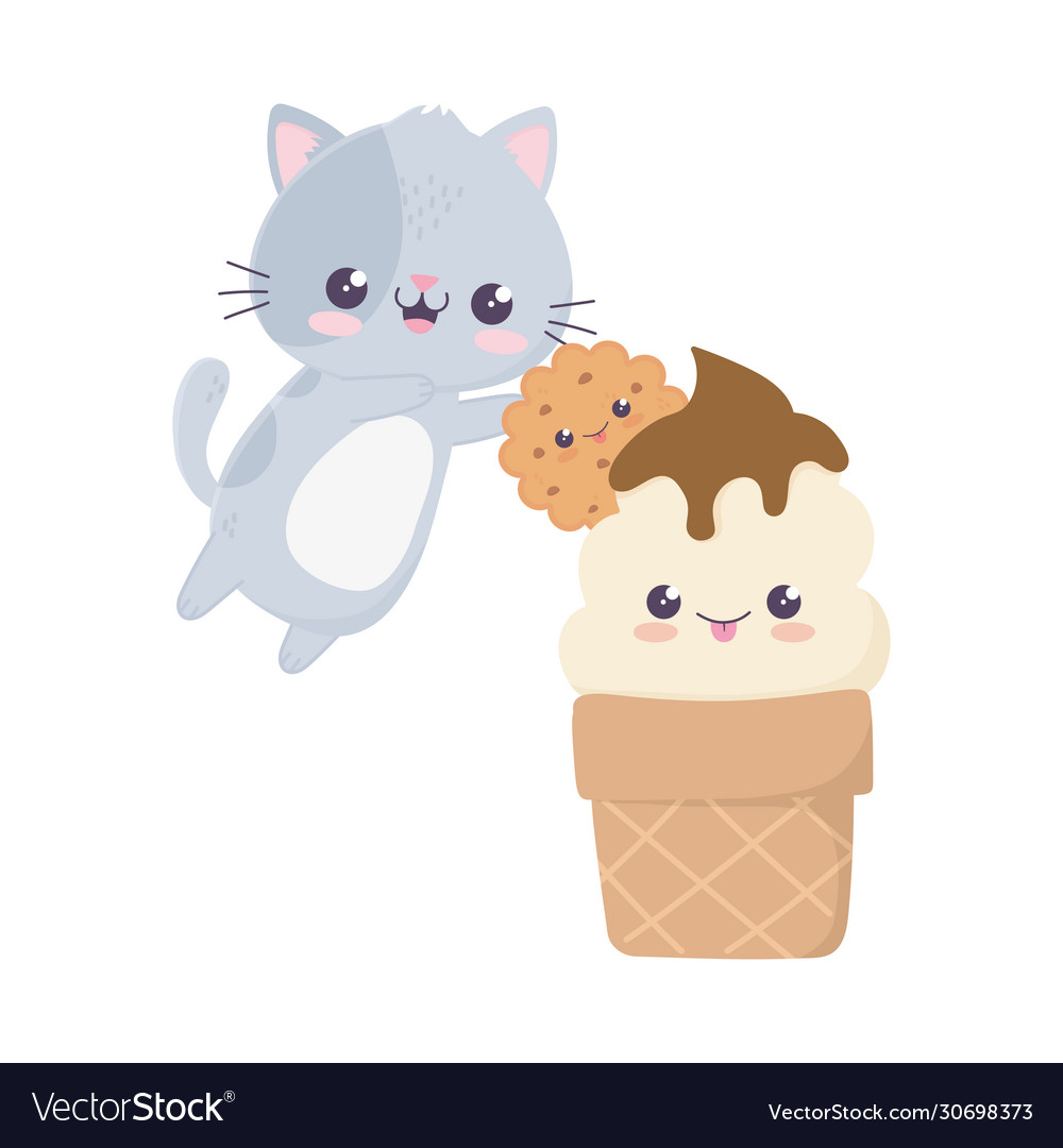 Cute cat ice cream and cookie kawaii cartoon Vector Image