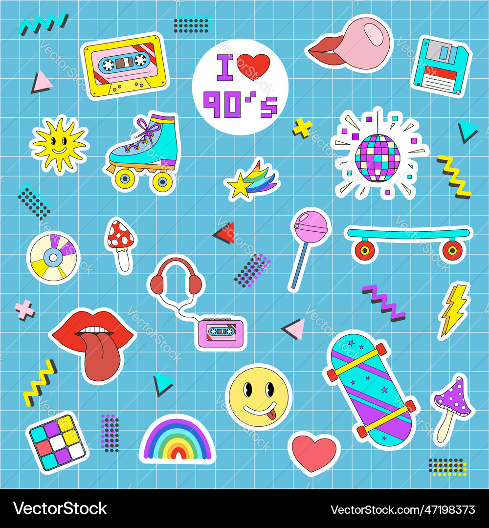 Retro sticker pack i love 90s with different old Vector Image