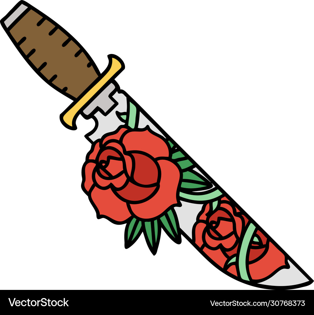 Traditional tattoo a dagger and flowers Royalty Free Vector