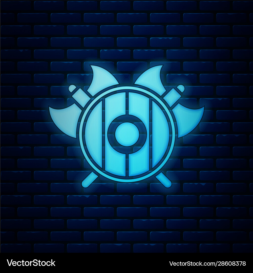 Glowing neon medieval shield with crossed axes Vector Image