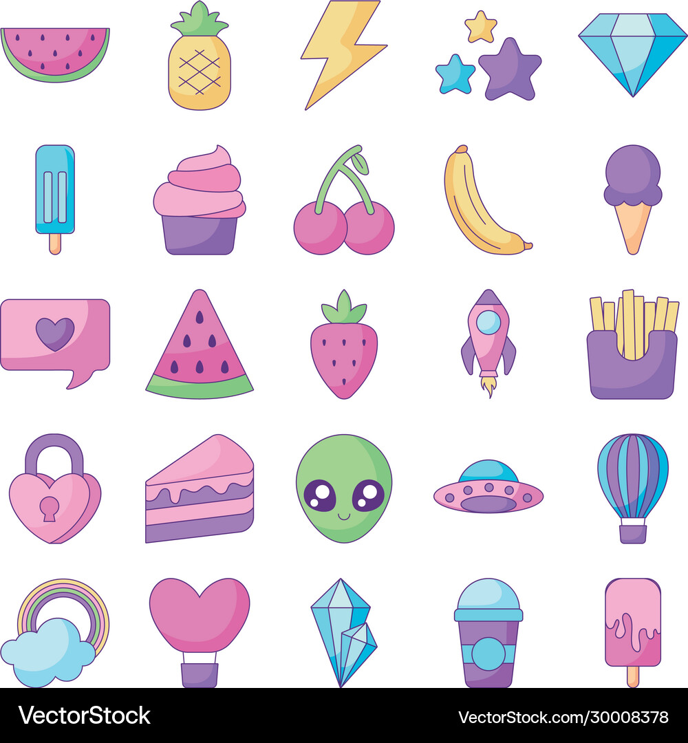 Hearts and kawaii icon set flat style Royalty Free Vector