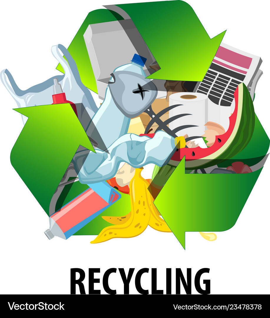 Recycling label with different types of waste Vector Image