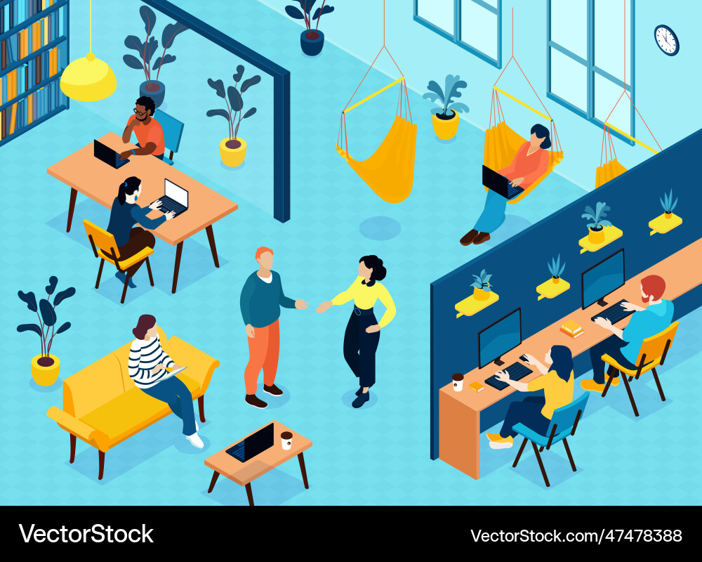 Coworking space isometric composition Royalty Free Vector