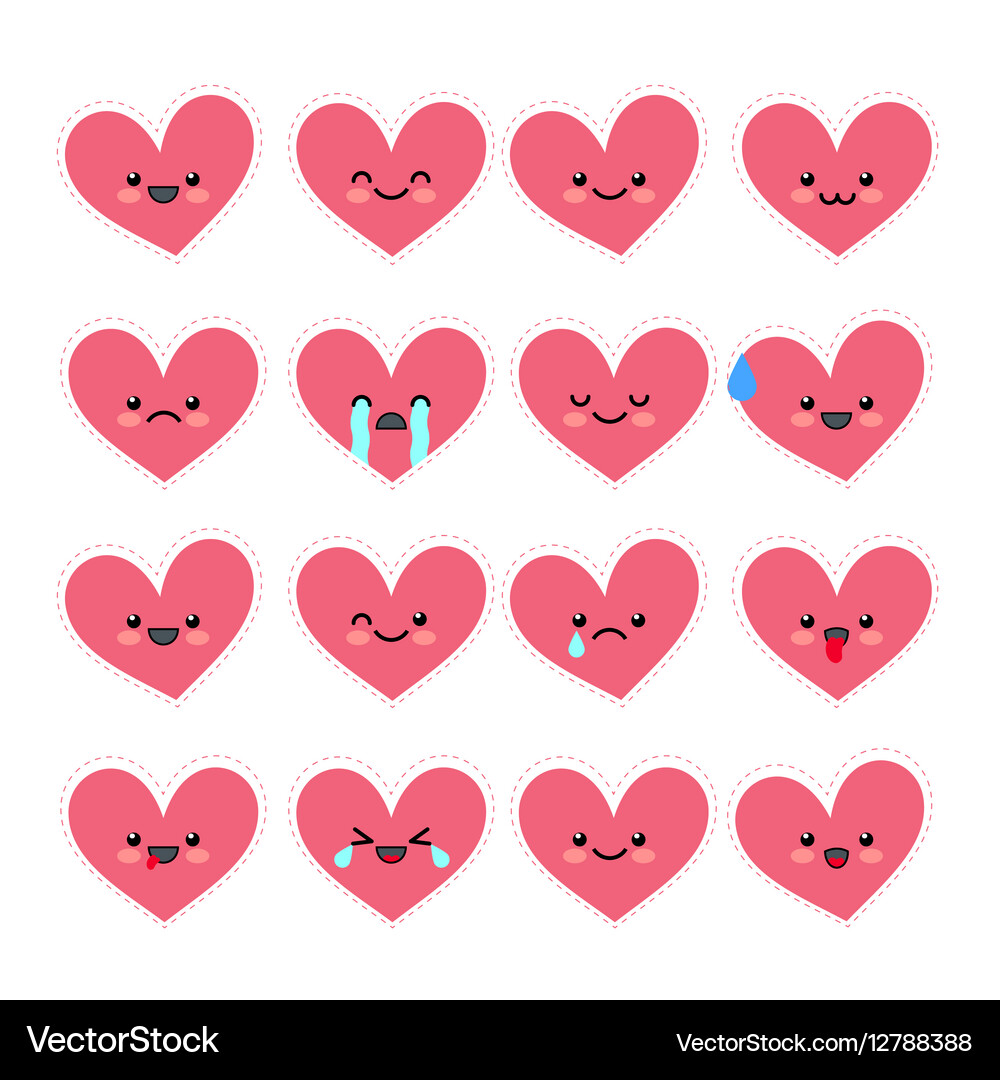 Cute heart emoticons set various emotions Vector Image