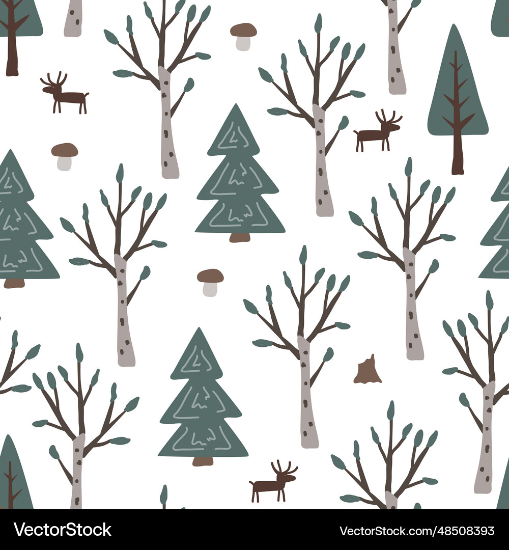 Doodle hand drawn birch and fir trees forest Vector Image