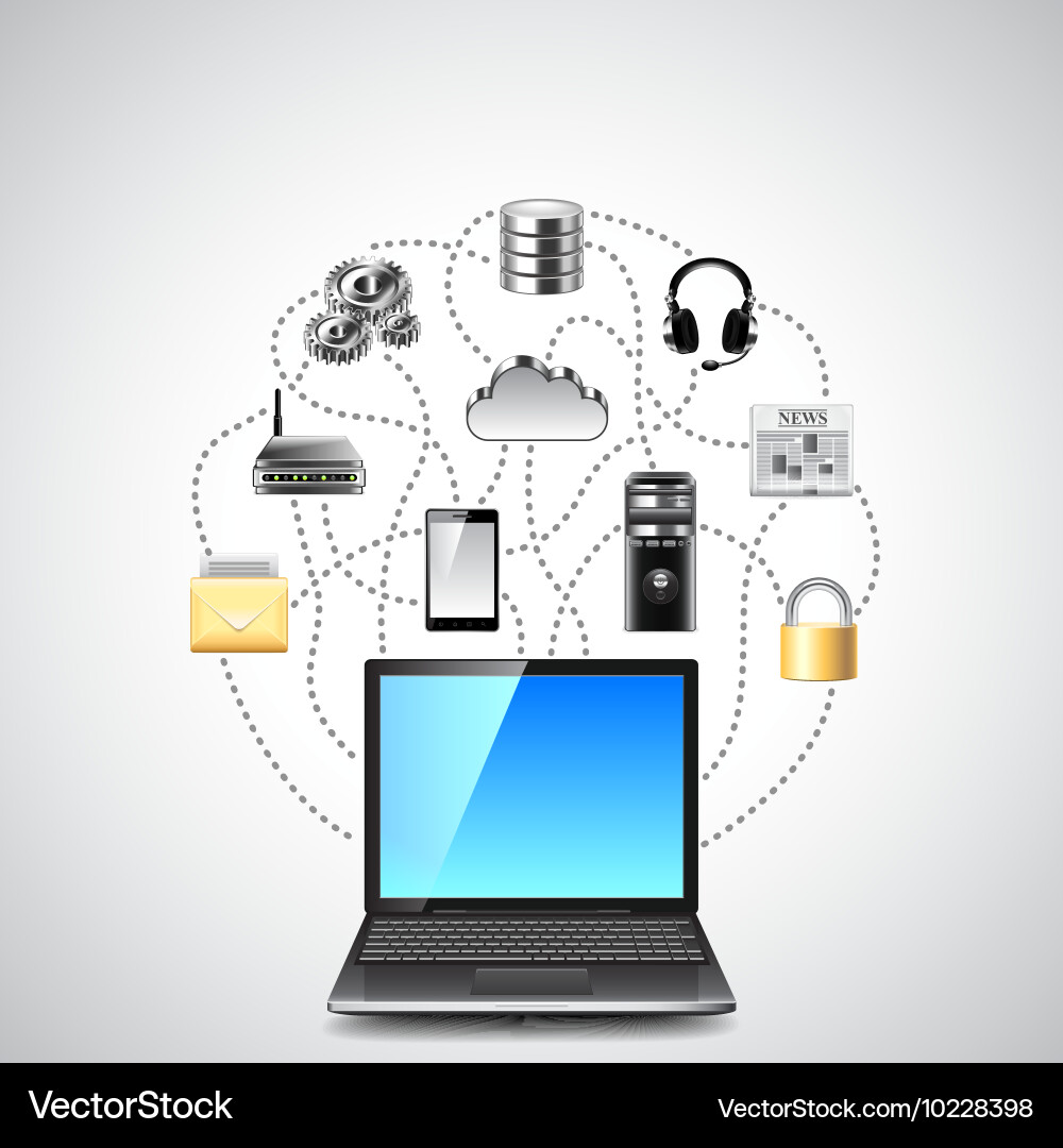 Computer network laptop and colorful icons Vector Image