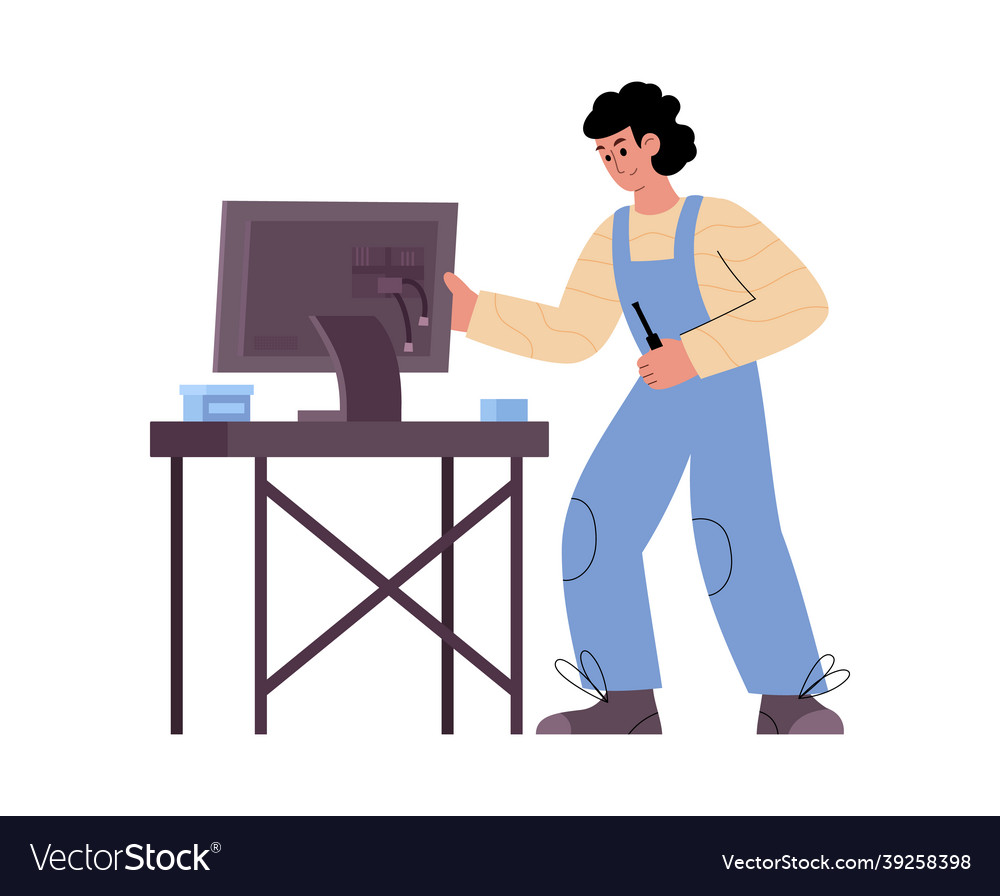 Male professional technician working at computer Vector Image