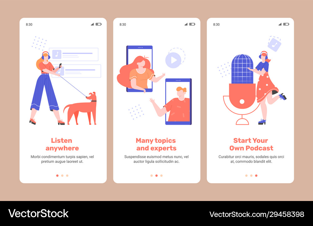 On boarding for a mobile service with podcasts Vector Image