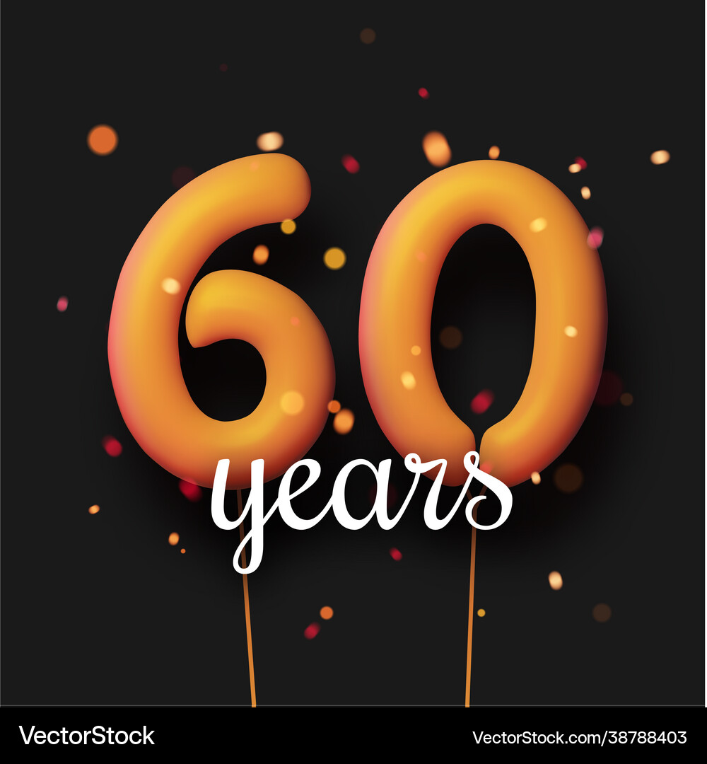 60 sign orange balloons with threads on black Vector Image