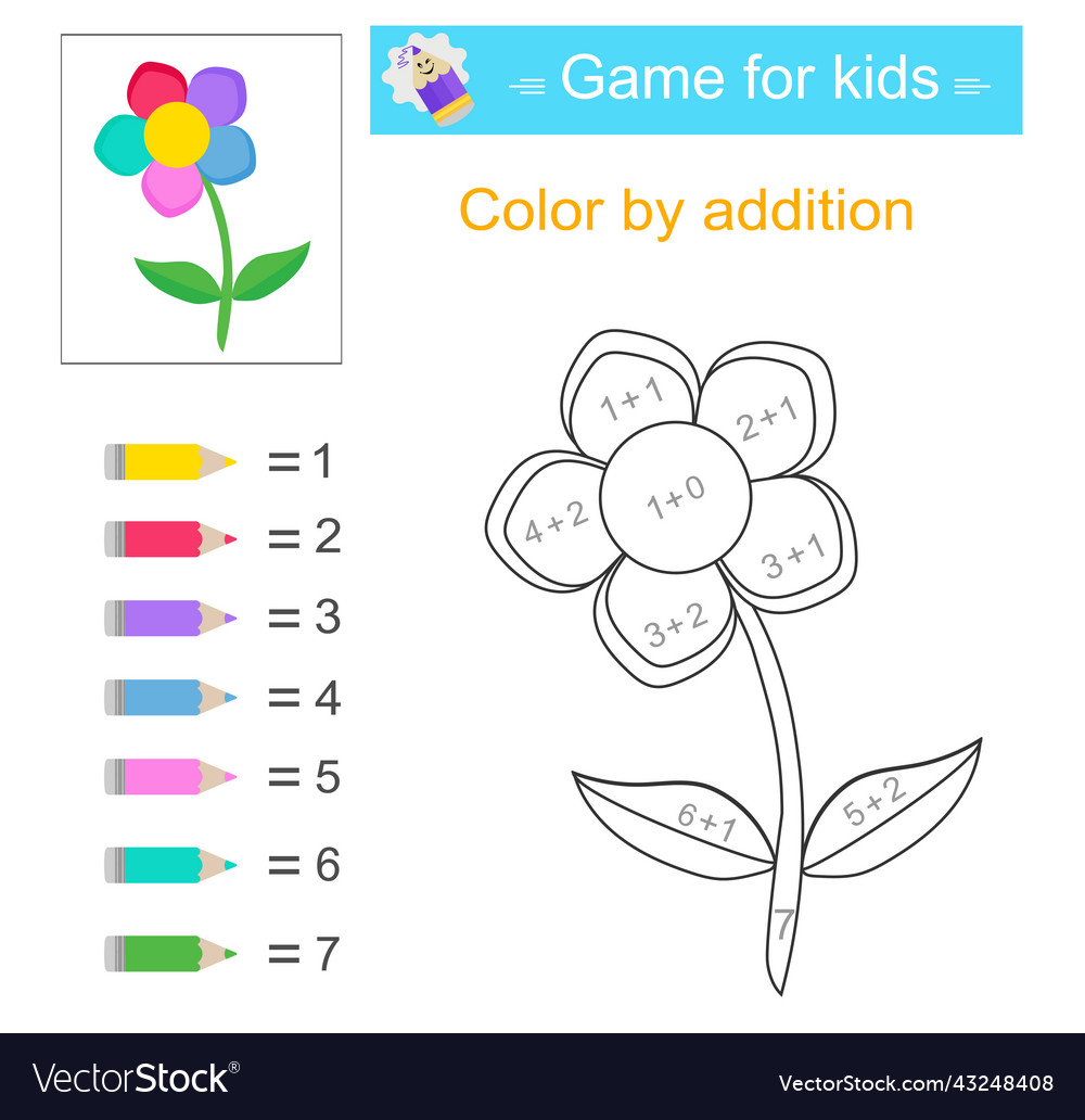 Color by addition math activity for kids Vector Image