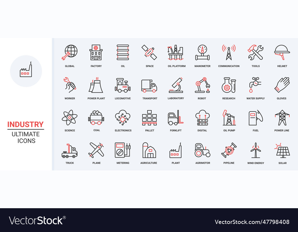 Industry trendy red black thin line icons set Vector Image