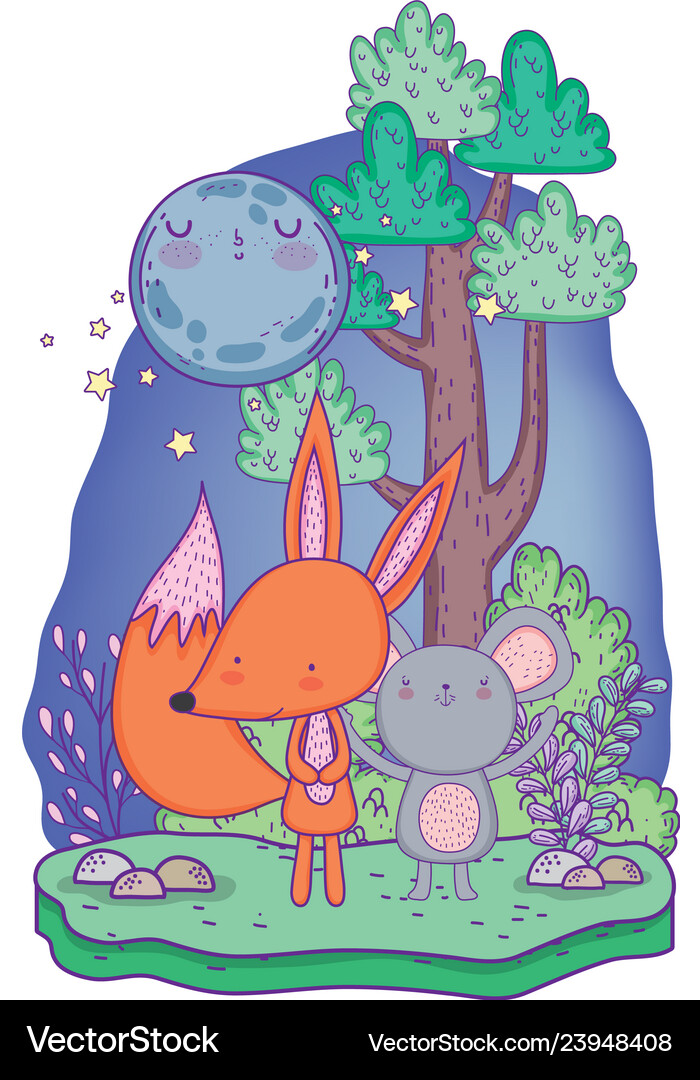 Little fox and mouse in the landscape characters Vector Image