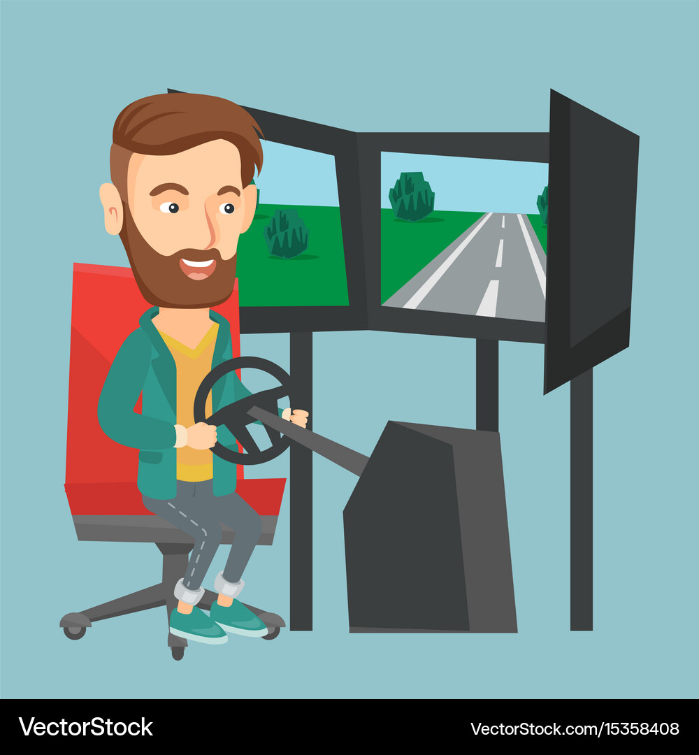 Man playing video game with gaming wheel Vector Image