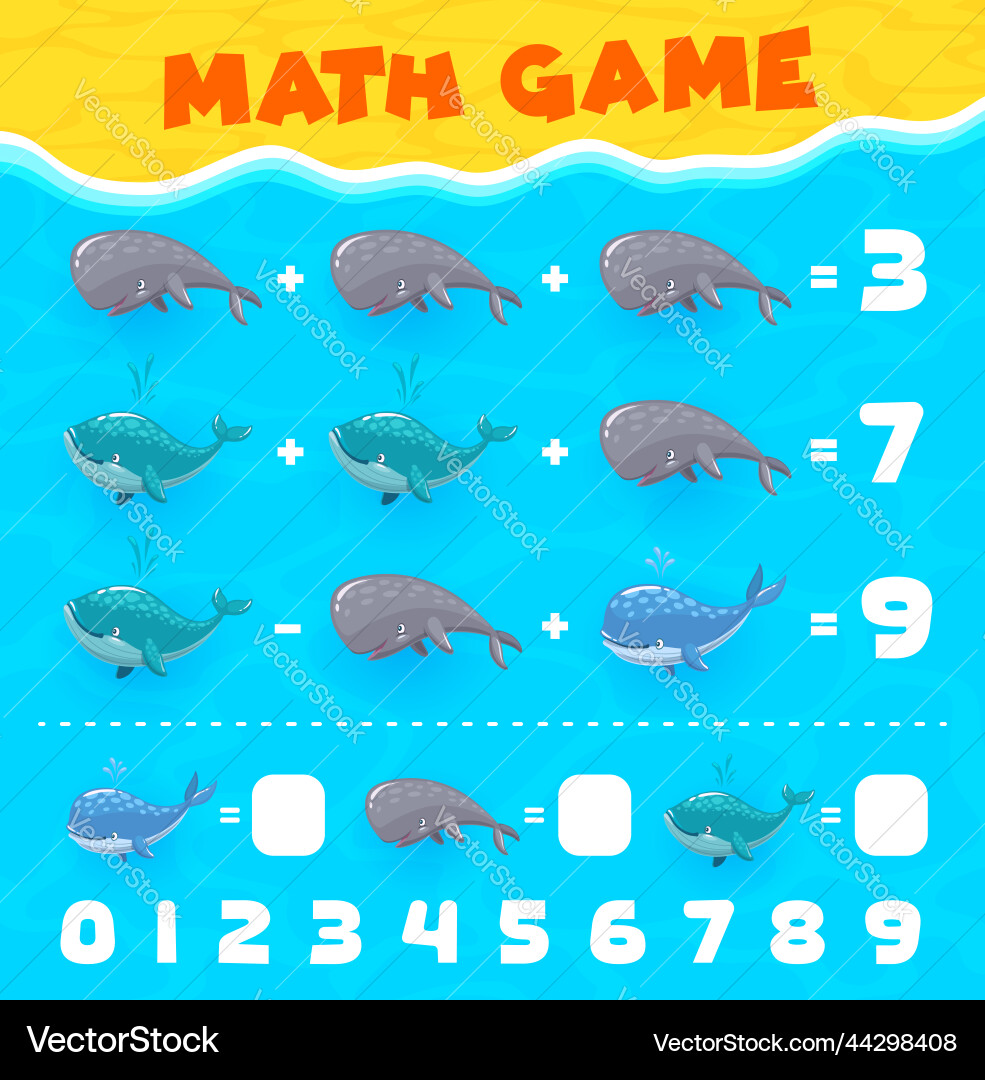 Math game worksheet with cartoon whales characters