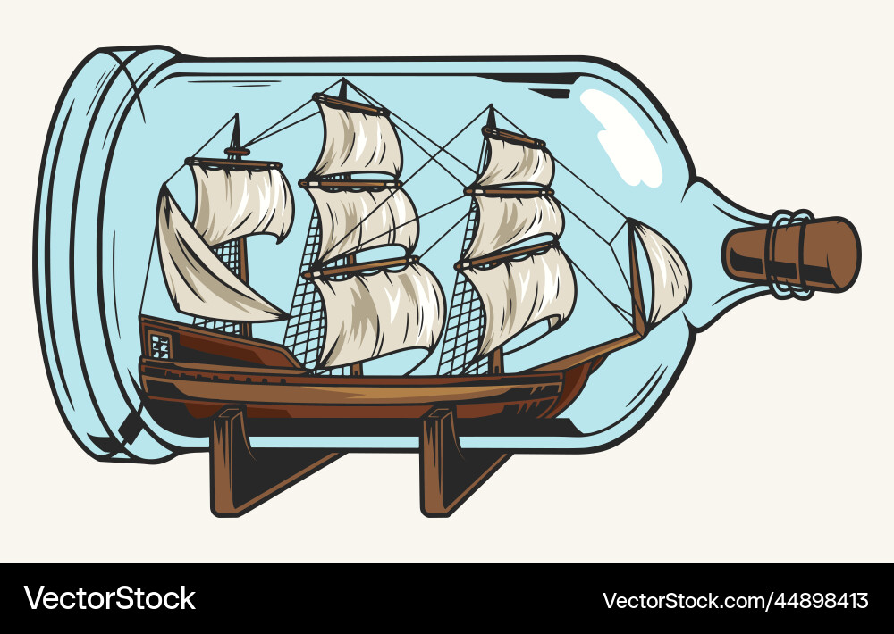 Ship in bottle colorful label Royalty Free Vector Image