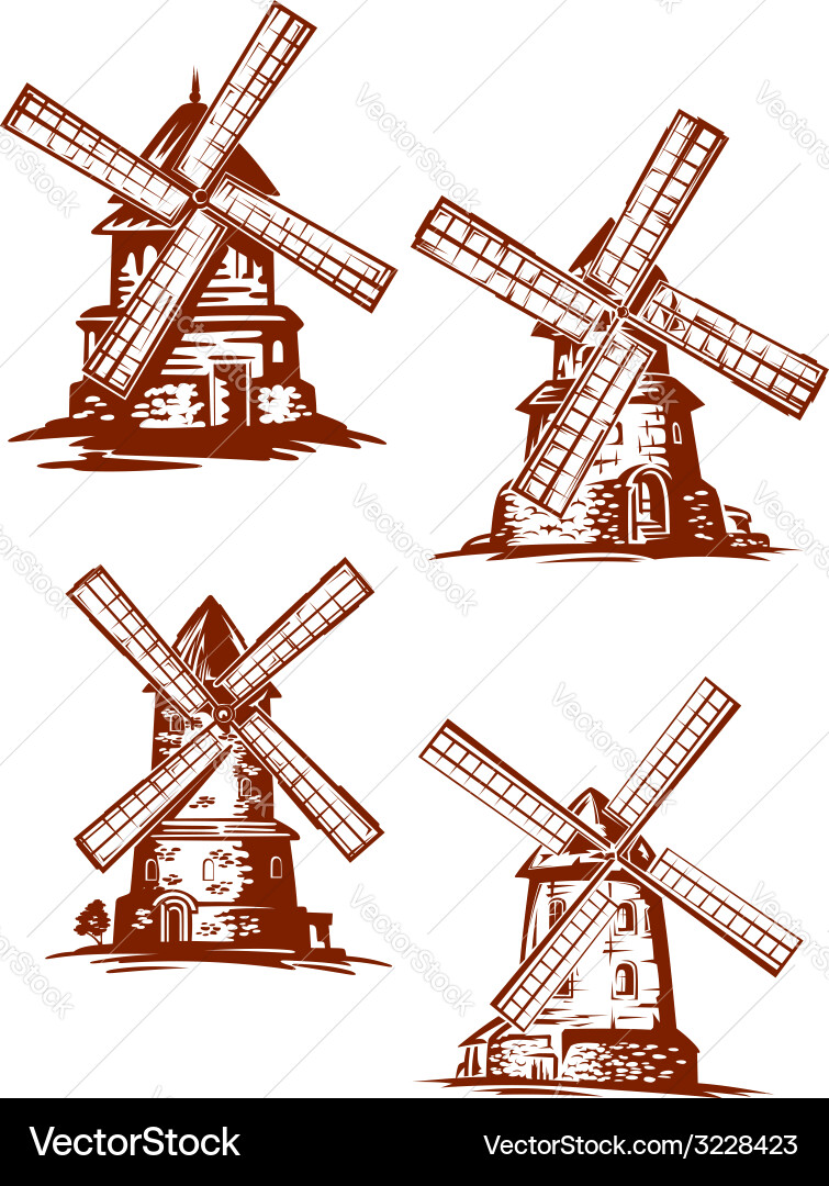 Hand-drawn windmills in vintage style Royalty Free Vector