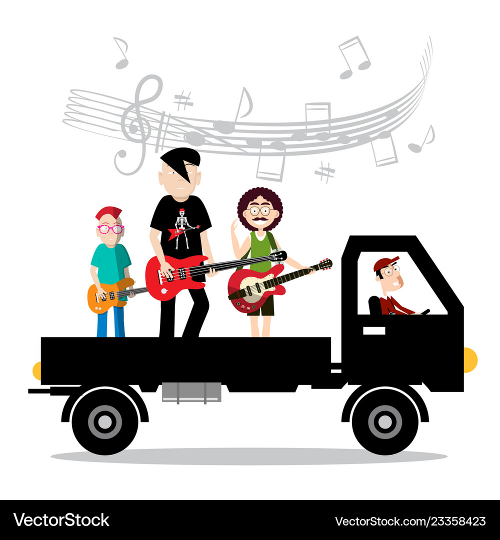 Music band on van with driver isolated on white Vector Image