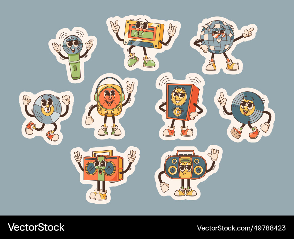 Set of stickers audio technique characters Vector Image