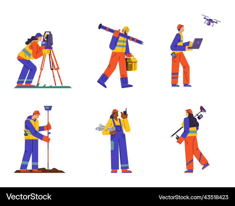 Set of surveyor characters flat style Royalty Free Vector