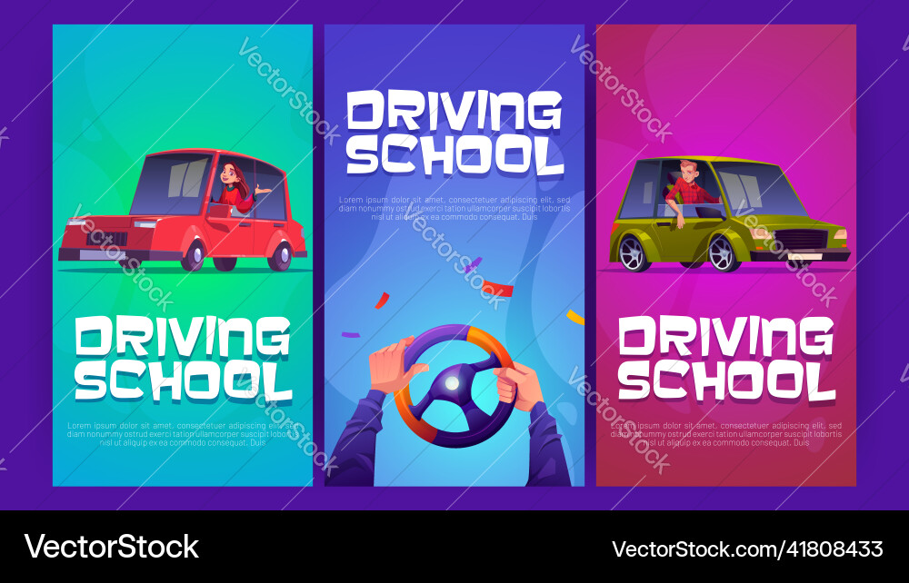 Driving school cartoon posters with driver in auto