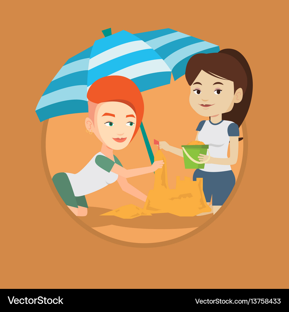 Friends building sandcastle on beach Royalty Free Vector