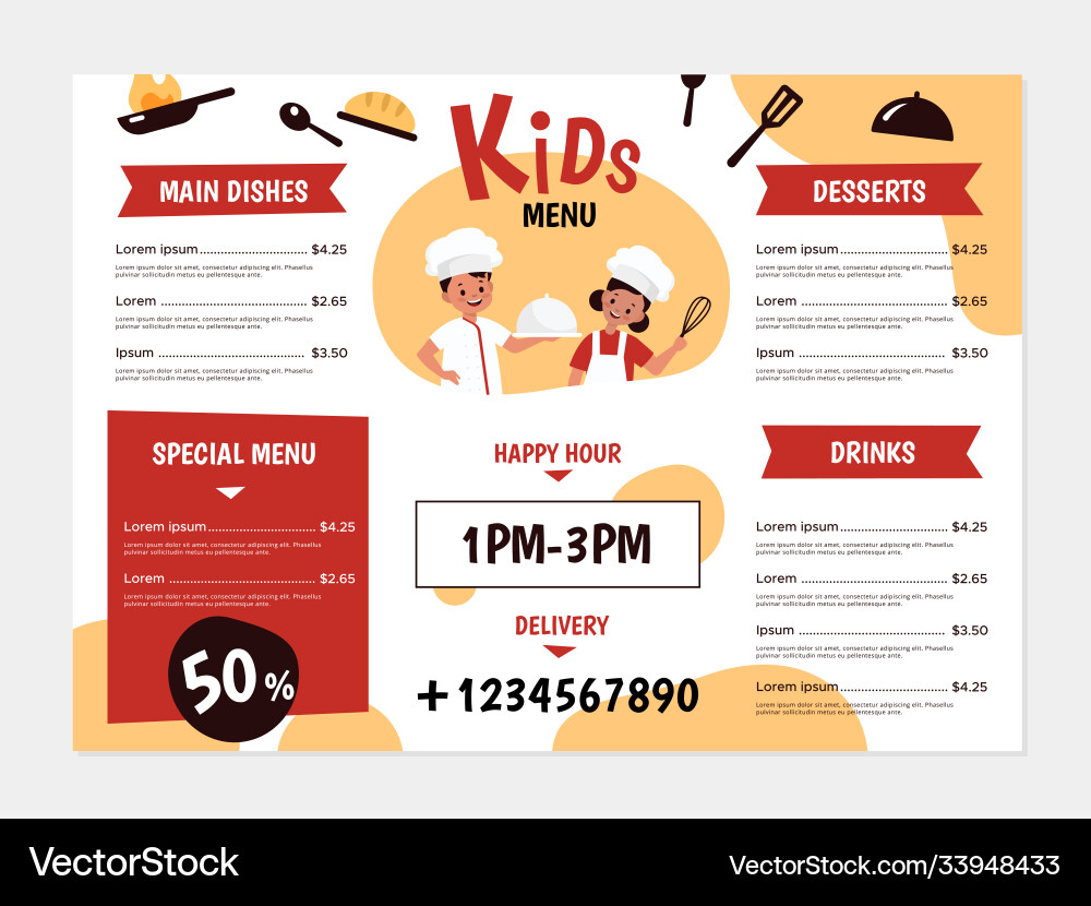 Kids menu young chefs and kitchenware boys Vector Image