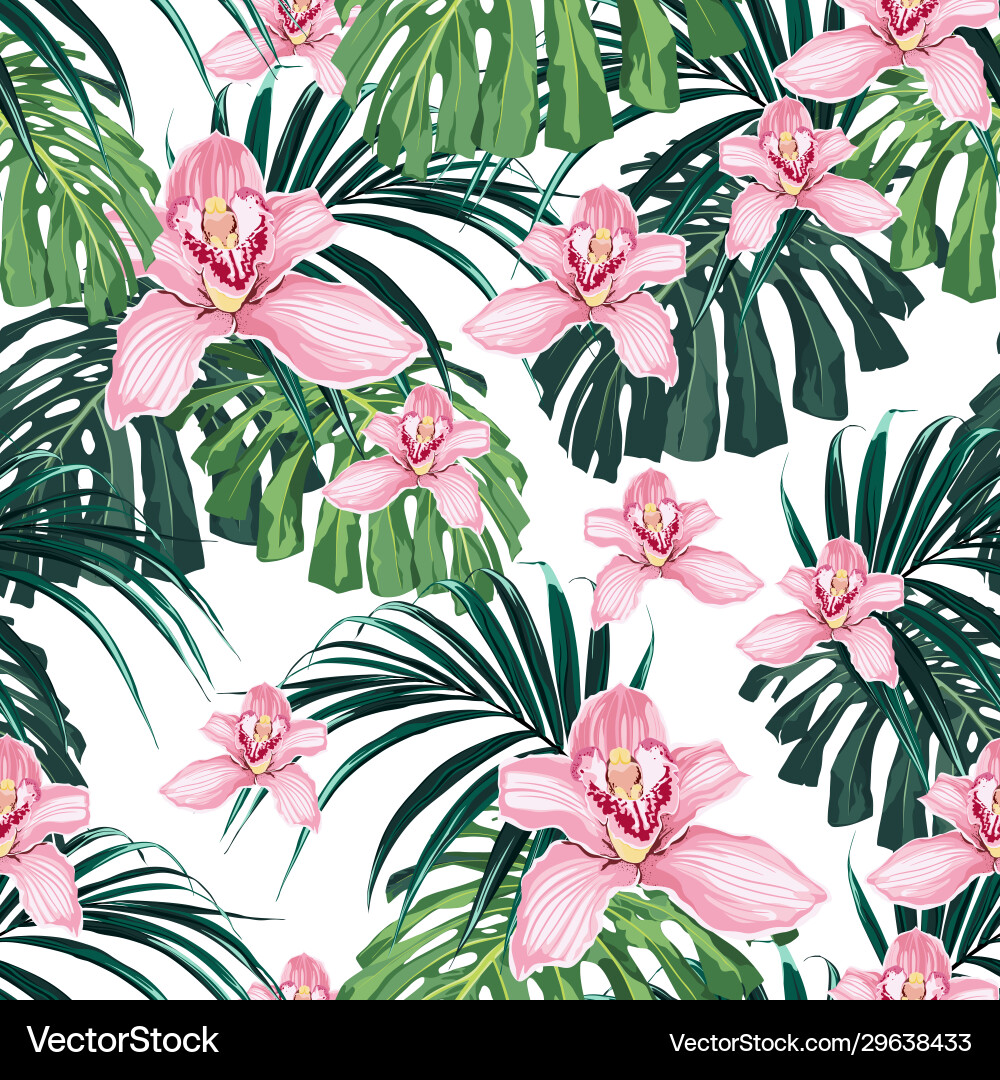 Pattern pink orchid flower and tropical leaves Vector Image