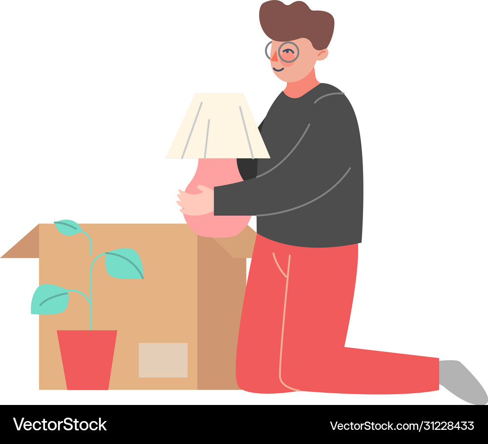Young man packing or unpacking belongings Vector Image