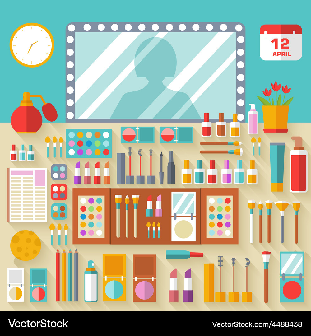 Flat women makeup cosmetics lying on the table Vector Image
