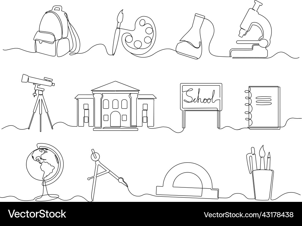 One continuous line school supplies minimalist Vector Image
