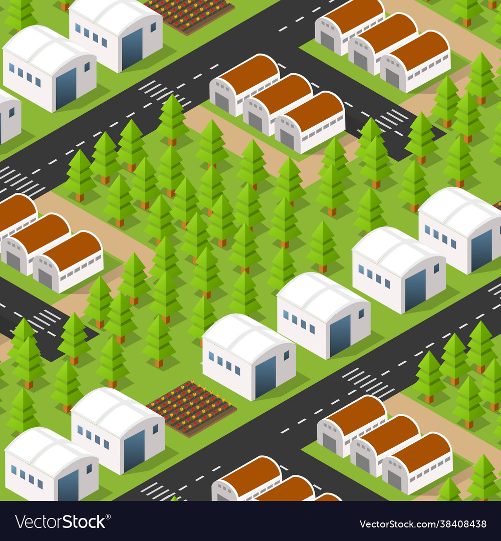 Rural isometric ranch farm with trees fields Vector Image
