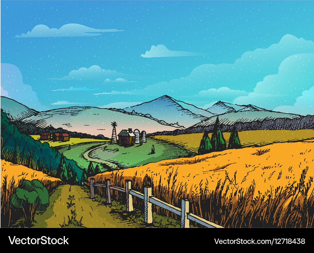 Rural landscape in graphical style hand drawn Vector Image