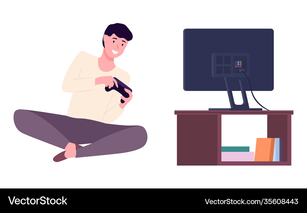 Guy plays video games young man gaming Royalty Free Vector