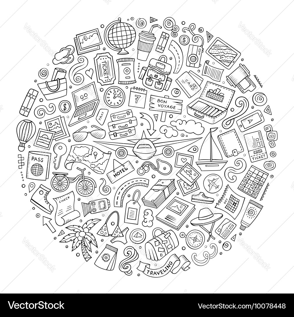 Doodle set of travel theme items Royalty Free Vector Image