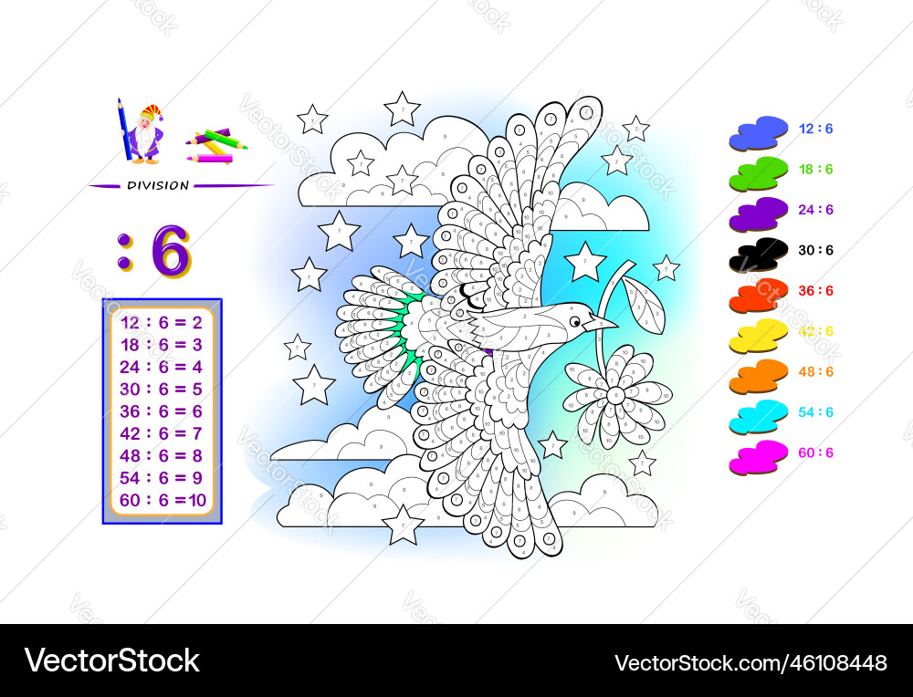 Exercise for kids with division by number 6 paint Vector Image