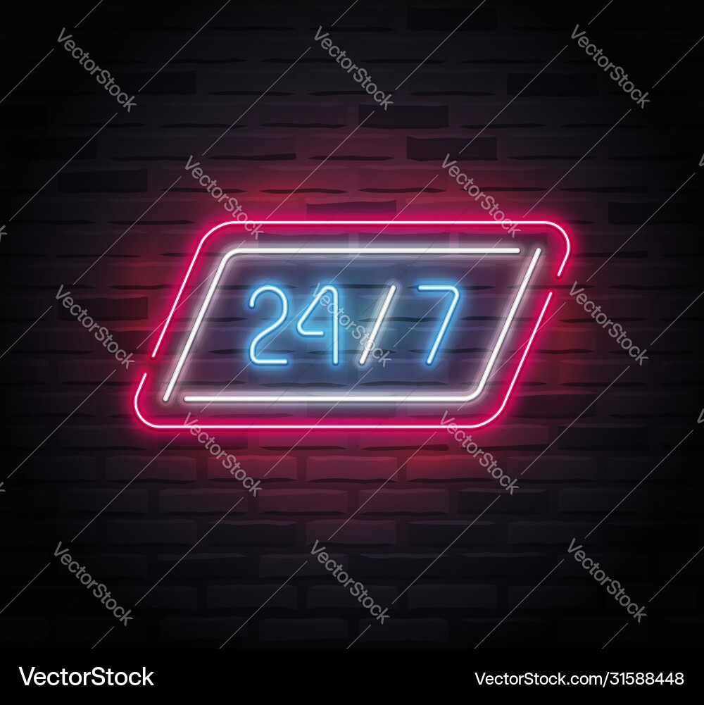 Neon sign - 24-7 open - with a slanted frame Vector Image